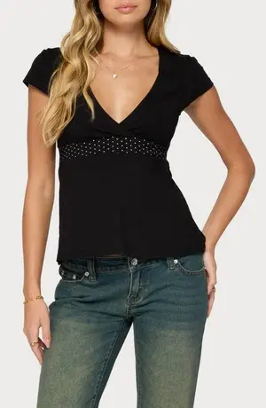 EDIKTED Arla Polka Dot V-neck Top - Black