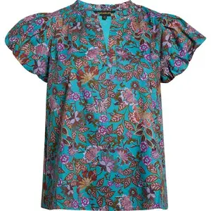 SUGARLIPS Keni Ruffle Split Neck Cotton Top - Teal Multi