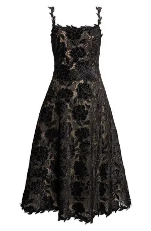 Carolina Herrera Velvet Rose Lace Midi Dress - Black