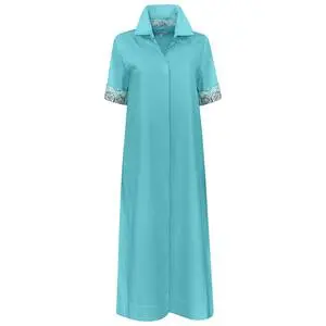 PERLAVERA Conty Aqua Satin With Printed Combo Short Sleeve Length Missy Fit Maxi Dress - Blue