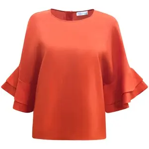 PERLAVERA Lolan Solid Linen Flare Sleeve Top - Orange