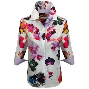 PERLAVERA Cindy Orchid Printed Three Quarter Sleeve Regular Slim Shirt - White