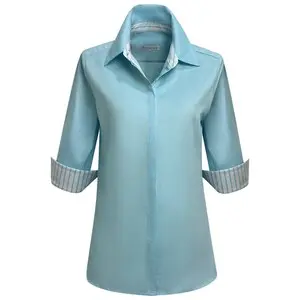 PERLAVERA Sam Turquoise Solid Hidden Placket Three Quarter Sleeve Slim Fit Cotton Oxford Shirt - Blue