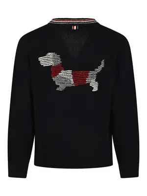Thom Browne Hector Patchwork Jersey Intarsia V Neck Cardigan In Donegal W/ Rwb Stripe