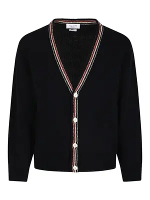 Thom Browne Hector Patchwork Jersey Intarsia V Neck Cardigan In Donegal W/ Rwb Stripe