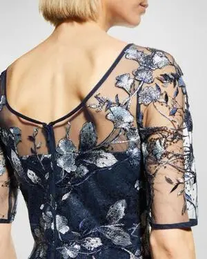 Rickie Freeman For Teri Jon Floral-embroidered Tulle Cocktail Dress - Navymulti