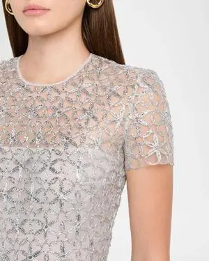 Naeem Khan Metallic Raffia Embroidered Short-sleeve Gown - Silver Sil