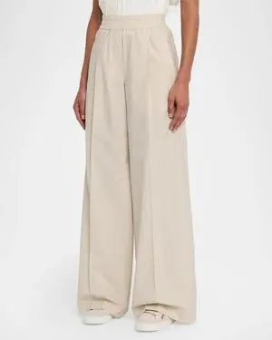 Brunello Cucinelli Techno Cotton Pleat Wide-leg Pull-on Track Pants - Dune