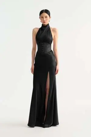 SAU LEE Etta Satin Dress - Black