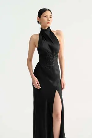 SAU LEE Etta Satin Dress - Black