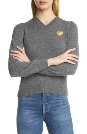 Comme Des Garçons Play Golden Heart Logo Wool Sweater - Grey