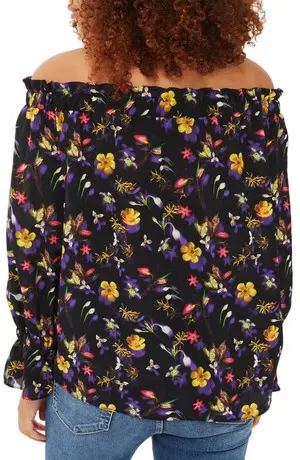 Topshop Floral Tie Sleeve Off-the-shoulder Top