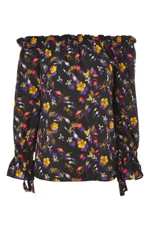 Topshop Floral Tie Sleeve Off-the-shoulder Top