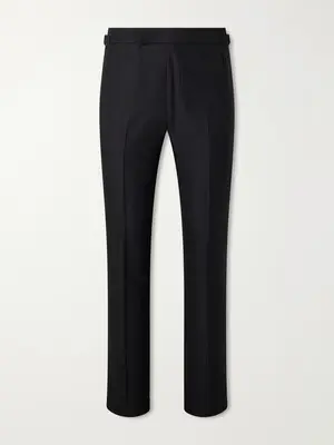 Thom Sweeney Straight-leg Satin-trimmed Wool-fresco Suit Trousers - Black