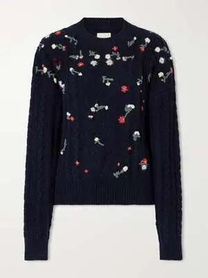 Khaite Elias Embroidered Cable-knit Cashmere Sweater - Navy