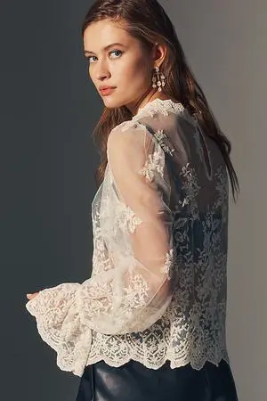 Anthropologie Sheer Lace High Neck Blouse