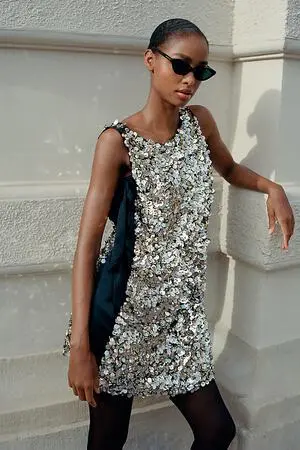 Anthropologie Sequed Sleeveless Mi Dress - Silver