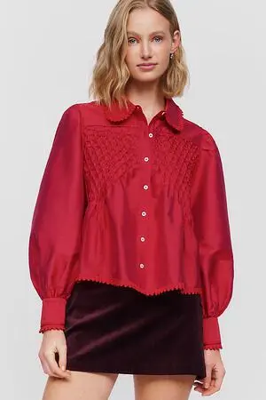 Maeve Smocked Puff Sleeve Blouse Red