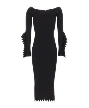 Blumarine Scalloped Ribbed Midi Dress - Black
