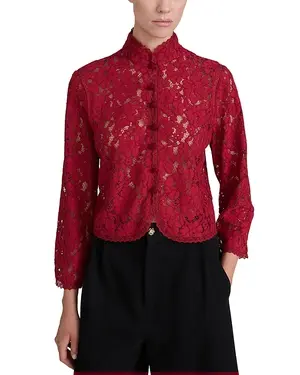 FRAME The Lace Salon Button Front Top - Deep Ruby