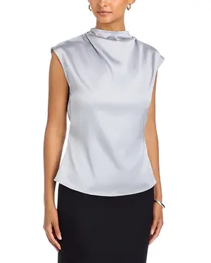 AREA STARS Cowl Neck Draped Satin Top Silver
