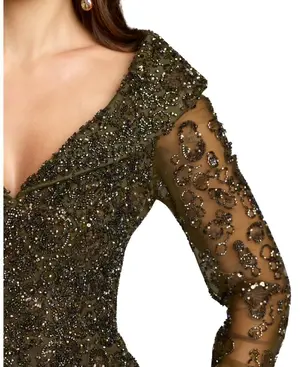 Mac Duggal Portrait Collar Long Sleeve Embellished Gown
