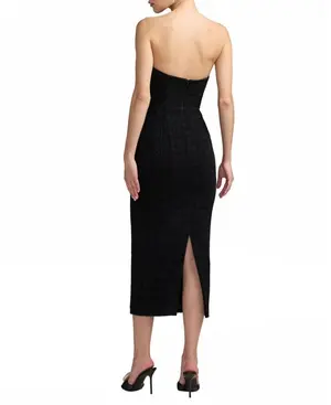 Mac Duggal Strapless Boucle Fitted Midi Dress With 3d Flowers