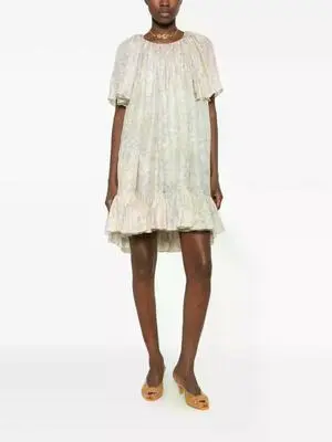 Chloé Floral-print Pleated Mini Dress - Neutrals