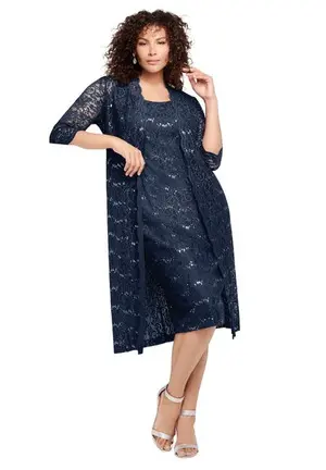 Roaman's Extended 3/4 Sleeve Formal Duster Sequin Embellished Lace Dress Set - Navy