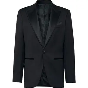 BILLIONAIRE Satin Trim Stretch Wool Blend Evening Blazer - Black