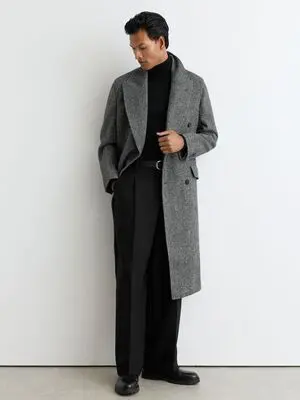REISS Ives Wool Herringbone Double-breasted Overcoat - Black