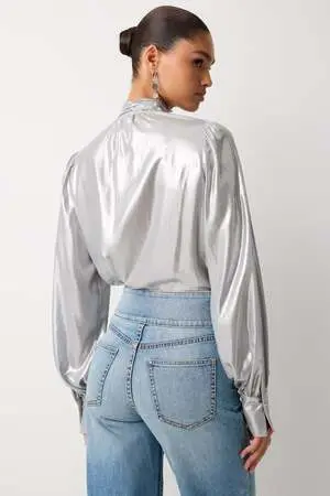Ramy Brook Noa Metallic Tie Neck Blouse