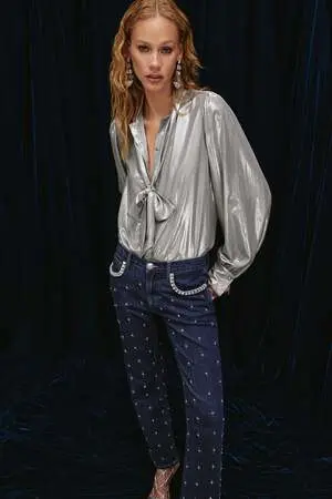 Ramy Brook Noa Metallic Tie Neck Blouse