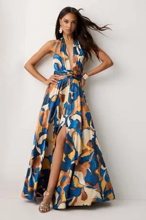 Ramy Brook Jasmine Printed Silk Plunging Halter Gown
