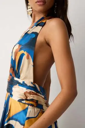 Ramy Brook Jasmine Printed Silk Plunging Halter Gown