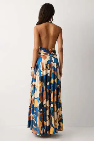 Ramy Brook Jasmine Printed Silk Plunging Halter Gown