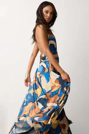 Ramy Brook Jasmine Printed Silk Plunging Halter Gown