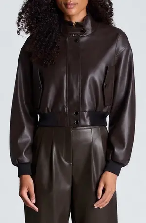 KENNETH COLE Faux Leather Funnel Neck Bomber Jacket