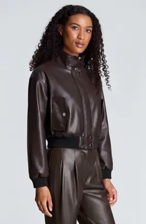 KENNETH COLE Faux Leather Funnel Neck Bomber Jacket