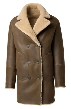 Allen Edmonds Genuine Shearling Reversible Double Breasted Coat - Brown