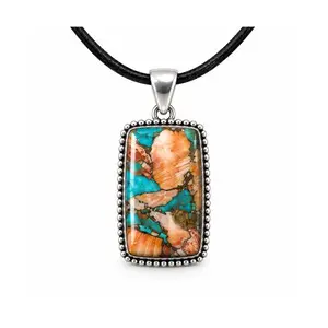SAÉA Teal Apricot And Coral Spiny Oyster Turquoise Rectangle Pendant On Black Leather Cord - Black/silver