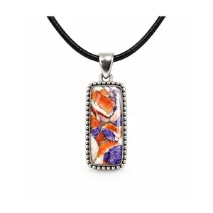 SAÉA Spiny Oyster Turquoise And Lapis Mosaic Inlay Pendant Necklace On Black Leather Cord - Black/silver