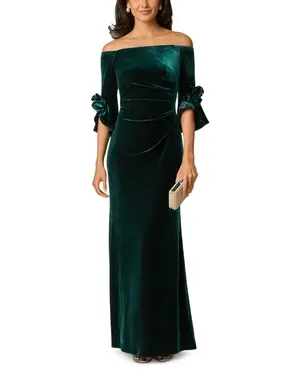 Adrianna Papell Stretch Velvet Off-the-shoulder Gown