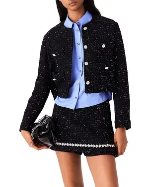Maje Veralys Cotton Blend Cropped Sequinned Tweed Jacket - Black