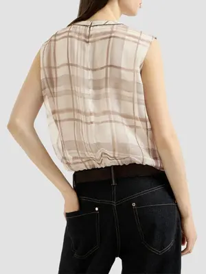 Brunello Cucinelli Silk Organza T-shirt In Macro Check Print With Shiny Neck Detail - Buff