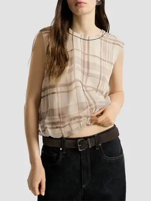 Brunello Cucinelli Silk Organza T-shirt In Macro Check Print With Shiny Neck Detail - Buff