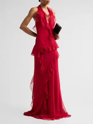 AMUR Lola Halterneck Ruffled A-line Gown
