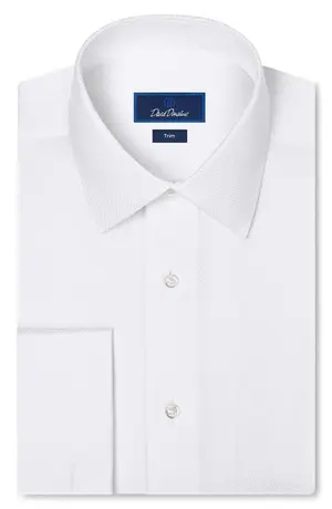 David Donahue Trim Fit Solid Herringbone Formal Shirt - White