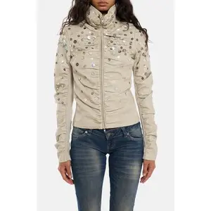 JADED LONDON Button-decorated Faux Leather Fitted Jacket - Beige