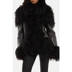 JADED LONDON Faux Leather & Faux Fur Toggle Coat - Black
